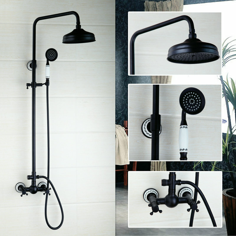 Black Bathroom Round Shower Faucet Set + Mixer Hand Shower Wall Mounted ...