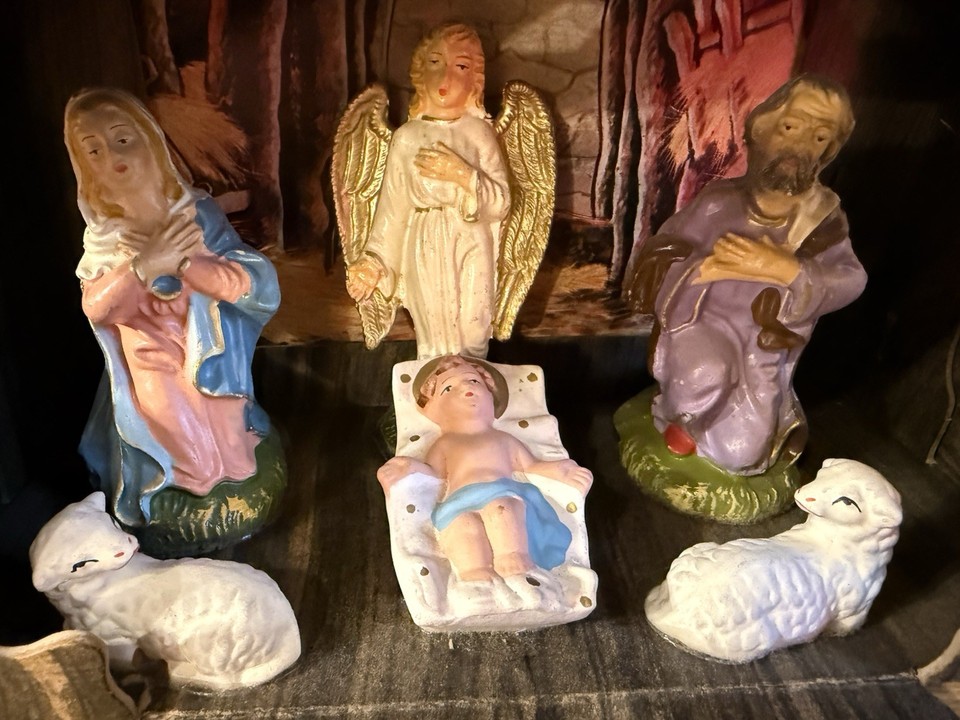 Vintage 1950s Mid Century Nativity Set Cardboard Manger & Figures | eBay
