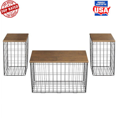 Wire Basket Coffee Table Set 3-Piece Industrial Living Room Storage End ...