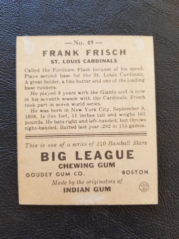 FRANK FRISCH BIG LEAGUE CHEWING GUM 1933 GOUDEY #49 REPRINT CARD NICE 1 ...