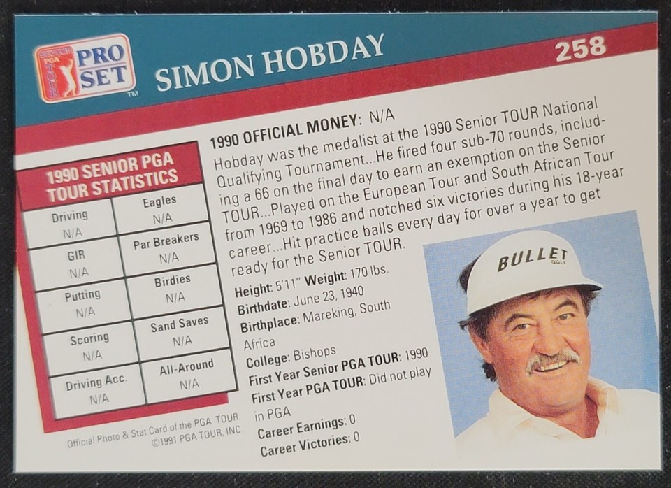 1991 Pro Set PGA Tour #258 Simon Hobday | eBay