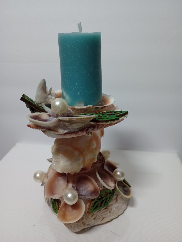 6"/4" Handmade candle holder and Ocean breeze handmade seashells candle. | eBay