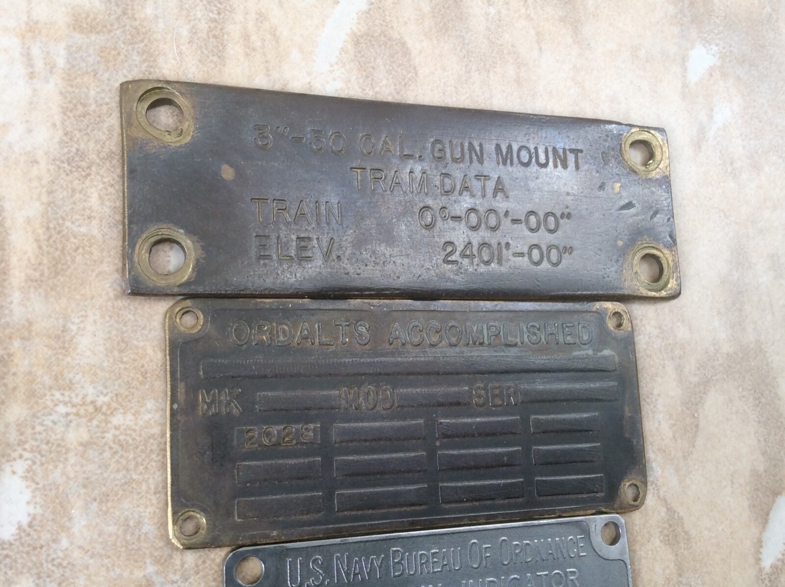 1943 WW2 Battleship MARK 22, 23,11 , BRASS ID TAGS 3” 50 cal. DECK GUNS ...