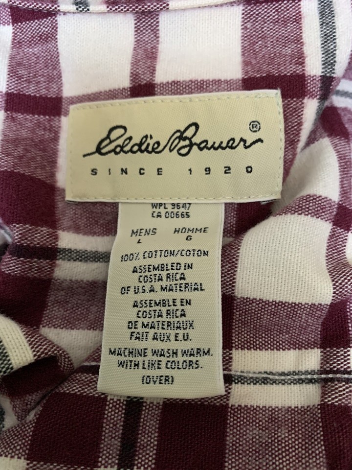 Eddie Bauer Mens Size Large Flannel. Burgundy Plaid Button Up L/S Shirt ...