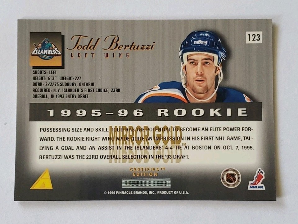 Todd Bertuzzi 1995-96 Select Certified Mirror Gold Rookie #123 NY ...