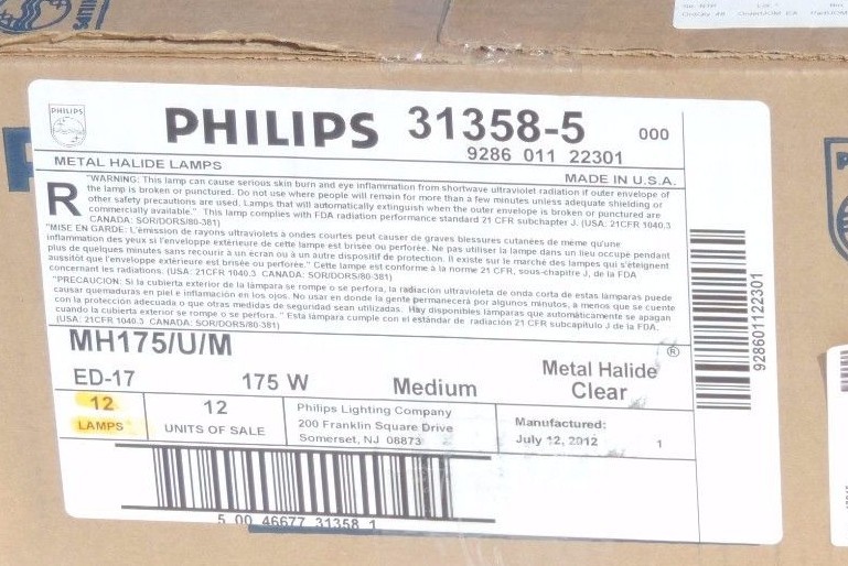 BOX OF 12 NEW PHILLIPS MH175/U/M METAL HALIDE BULBS ED-17 175W 31358-5 ...