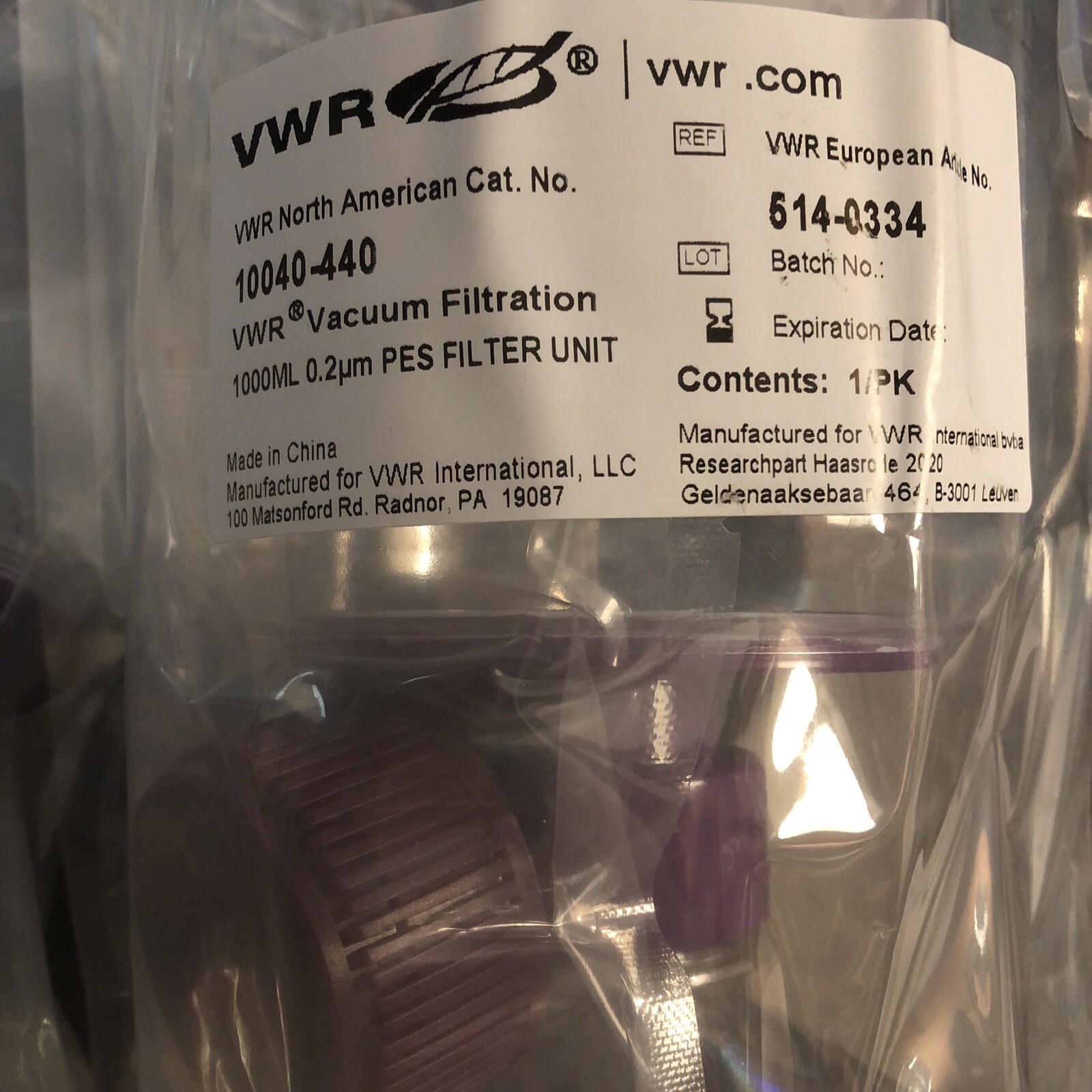 VWR 1000mL Vacuum Filtration Systems 91mm Membrane 0.2µm Pore 10040-440 ...