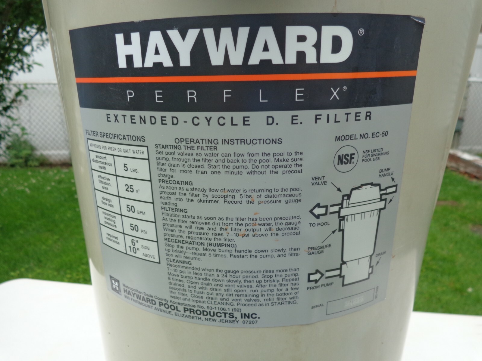 HAYWARD PERFLEX EC-50 EXTENDED CYCLE D.E. POOL FILTER BUMP COVER EC ...