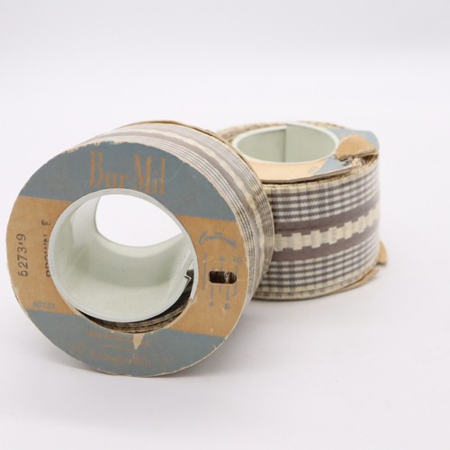 20 Yards Bur Mil Brown Gingham Woven Edge Rayon Ribbon Vintage Mid ...