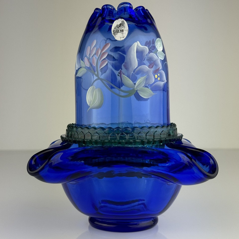 Fenton cobalt blue and green 3 Piece fairy lamp hand painted George W ...