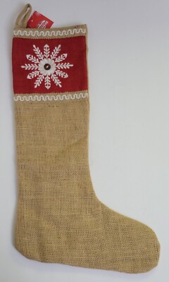 NWT Christmas Stocking Burlap Snowflake Embroidery Kirklands 20 X 11 ...