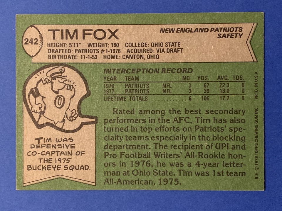 TIM FOX Signed 1978 Topps #242 NE Patriots Ohio State Buckeyes ...