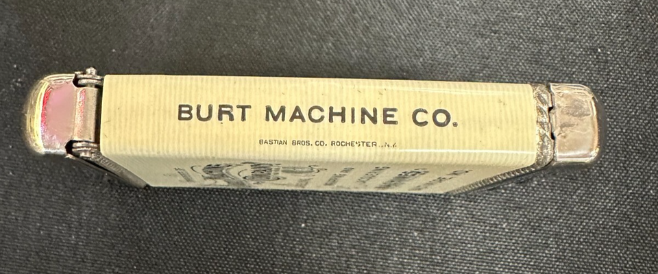 VINTAGE CELLULOID ADVERTISING MATCH SAFE BURT MACHINE CO. PICTURE OF ...