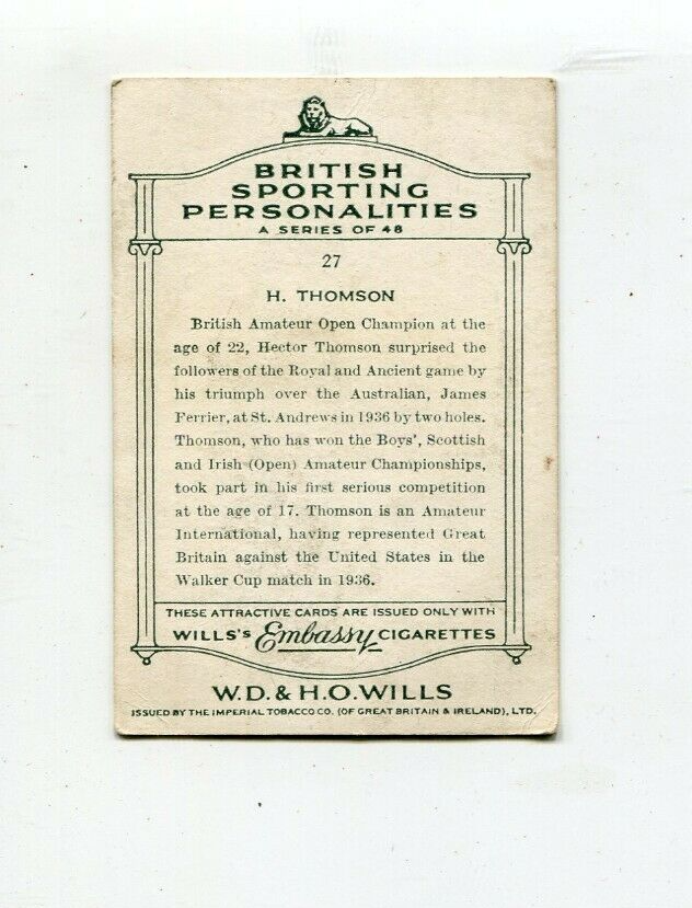 1937 WILLS EMBASSY BRITISH SPORTING PERSONALITIES #27 HECTOR THOMPSON ...