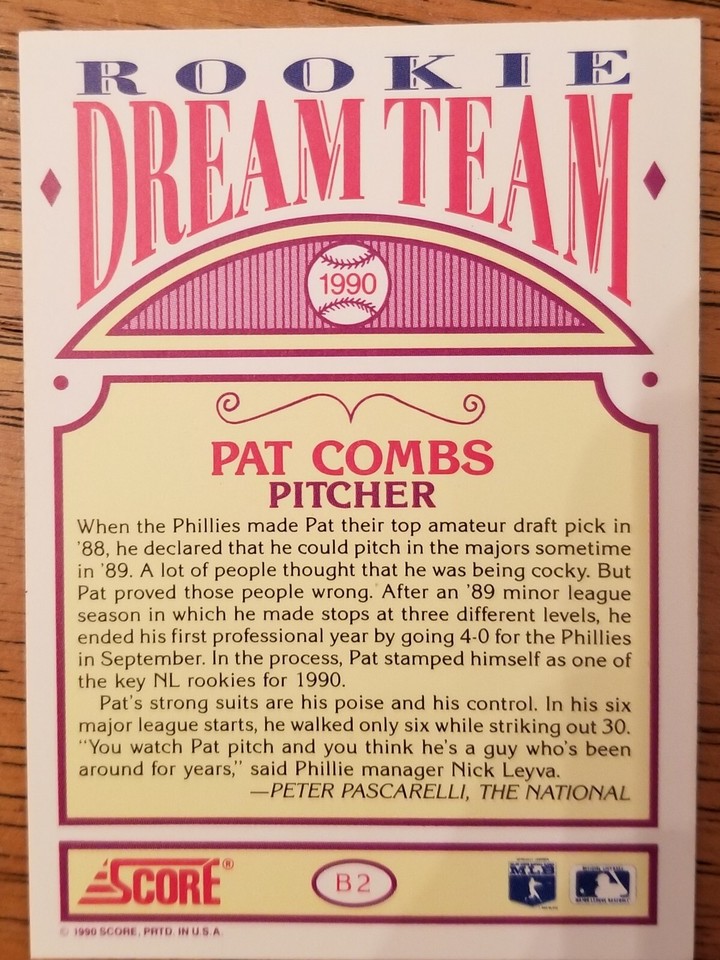 Pat Combs Philadelphia Phillies 1990 Score Baseball Card #B2 Rookie ...