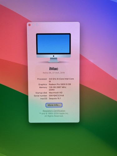 iMac Retina 5k 27 Inch 2019 3.6GHz 8 Core Intel Core i9 Radeon Pro 580X ...