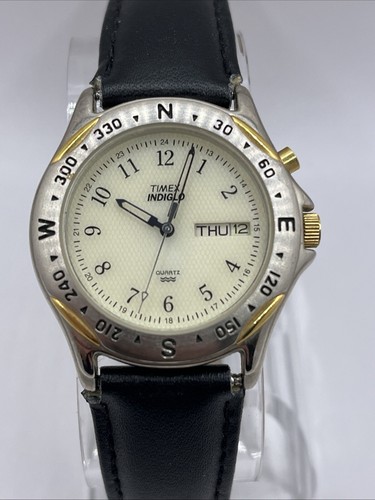 Vtg Timex Indiglo Men's Quartz Watch Compass Bezel 35mm Black Band- New ...