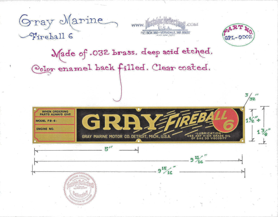 Vintage Gray Marine Fireball 6 Engine Data Plate acid Etched Brass | eBay