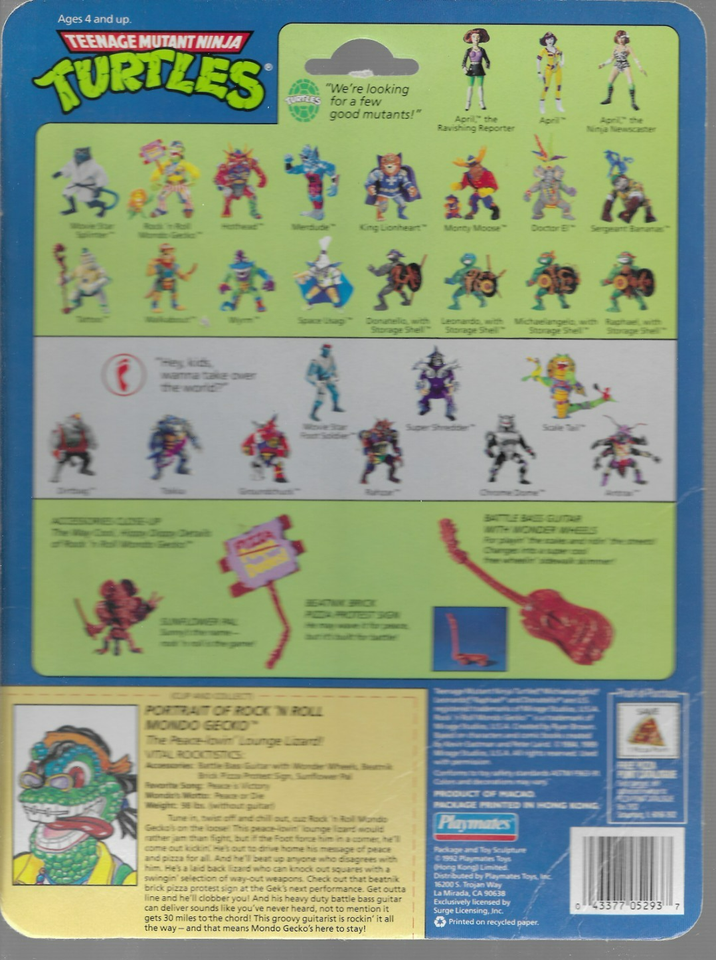 TMNT Teenage Mutant Ninja Turtles ROCK 'N ROLL GECKO Vintage Cardback ...