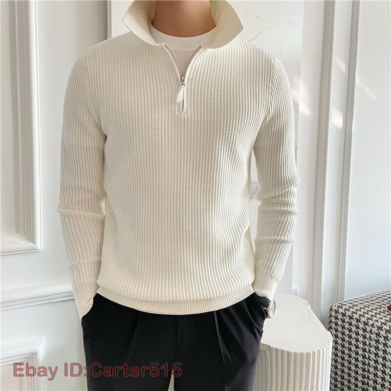 Men's Long-sleeved Half-zipper Lapel Sweater Pullover Slim-fit Wool ...