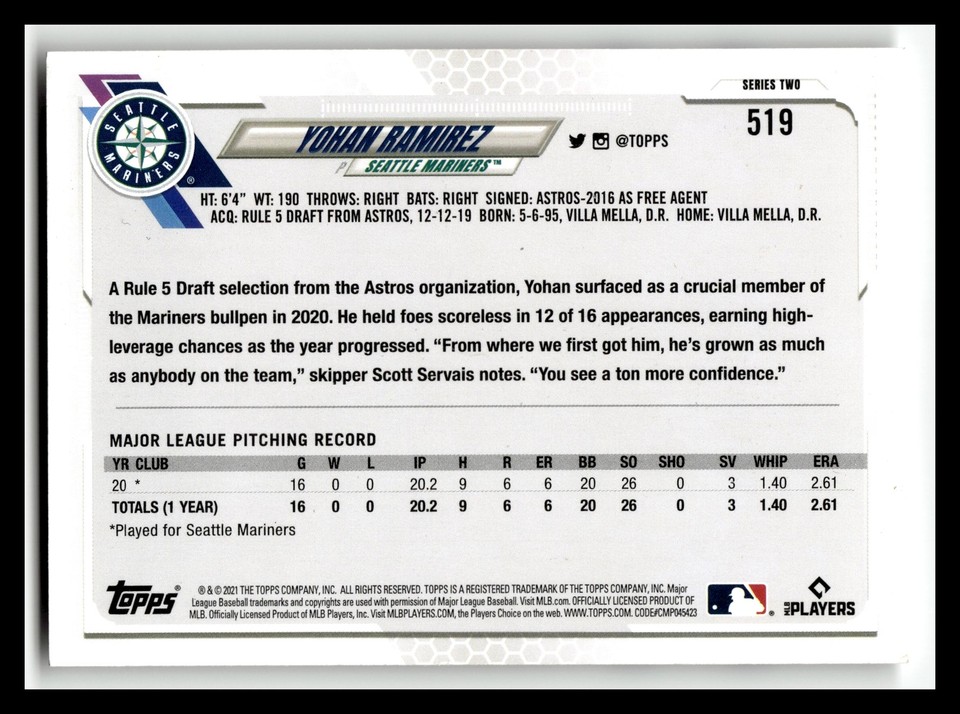 2021 Topps #519 Yohan Ramirez | eBay