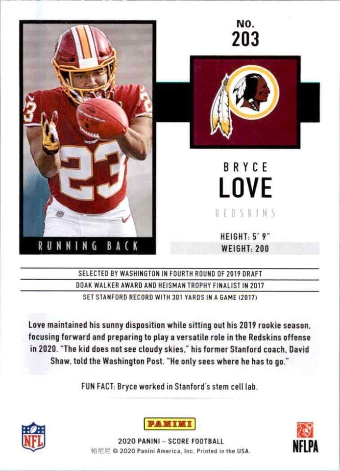 2020 Score #203 Bryce Love Washington Redskins Football Card | eBay