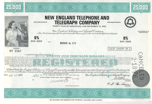 New England Telephone-Telegraph Co - Original Note Certificate - 1973 ...