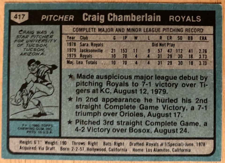 1980 Topps #417 Craig Chamberlain Kansas City Royals | eBay