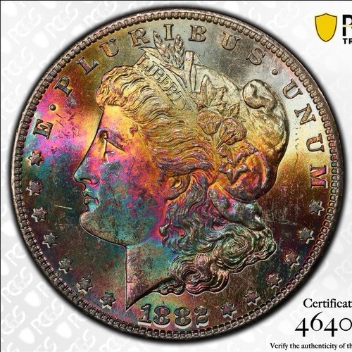 1882 S $1 Morgan Silver Dollar PCGS MS64 Monster Rainbow Toned Aurora ...