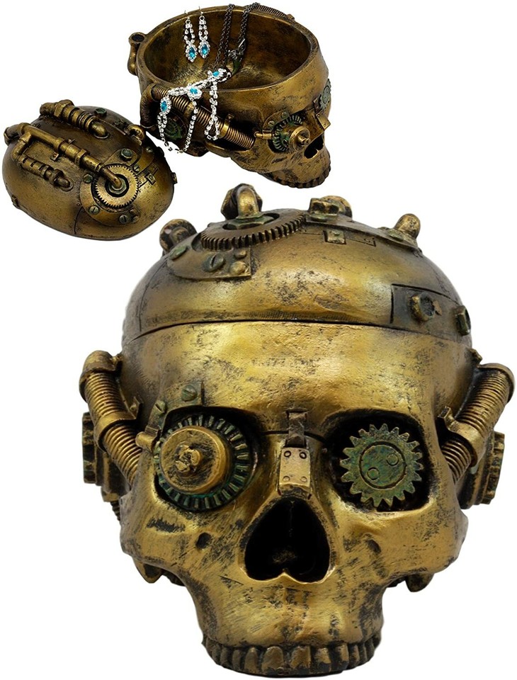 Steampunk Cyborg Robotic Skull Jewelry Box Figurine 7.5"L Skull Bowl ...