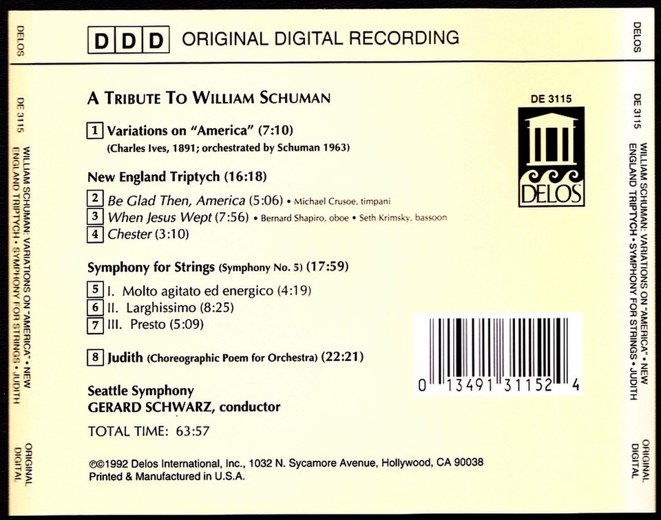 William Schuman Tribute CD - Seattle Symphony, Gerard Schwarz ...