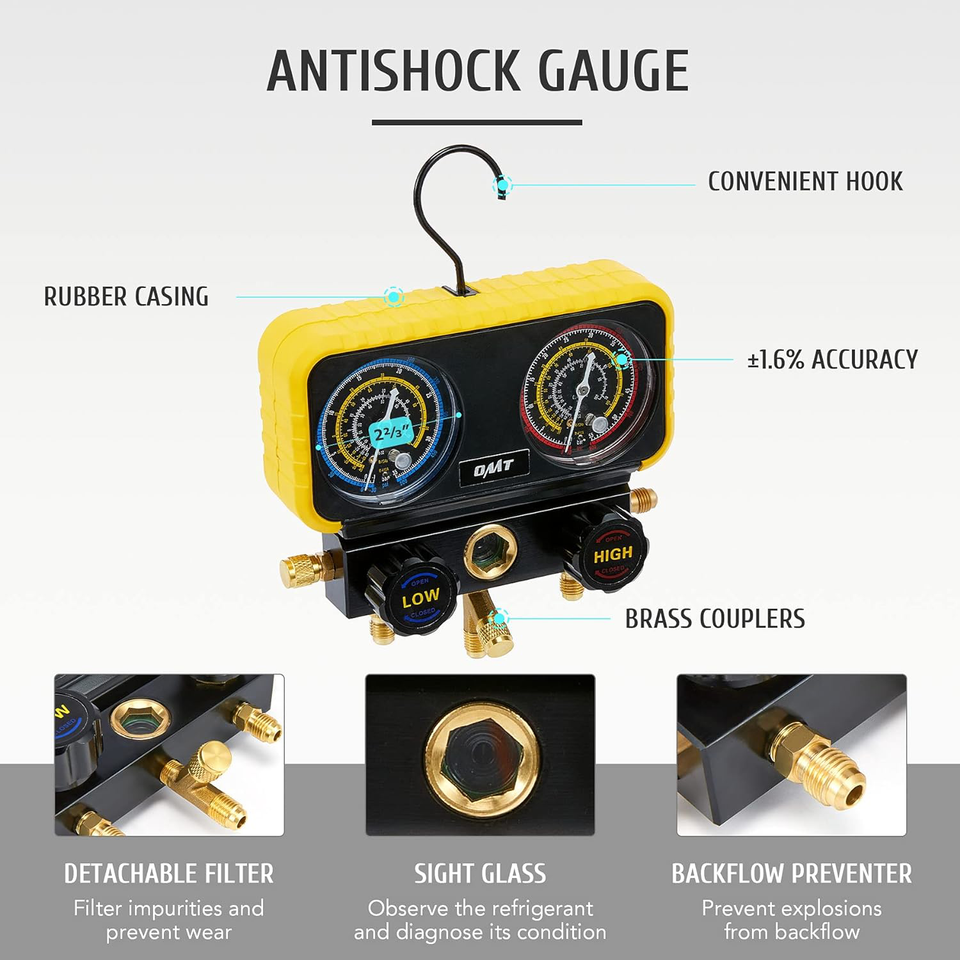 OMT R410a Gauges, AC Manifold Gauge Set for R410a Refrigerant, 3 Way AC ...