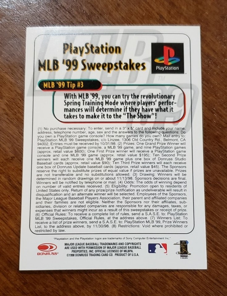 1998 Donruss PlayStation MLB '99 Sweepstakes #3 Barry Bonds Baseball | eBay