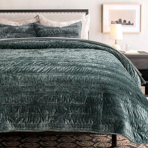 Luxury Ruched Velvet Quilt Queen Size, Ultra FULL/QUEEN (90"x92") Dark ...