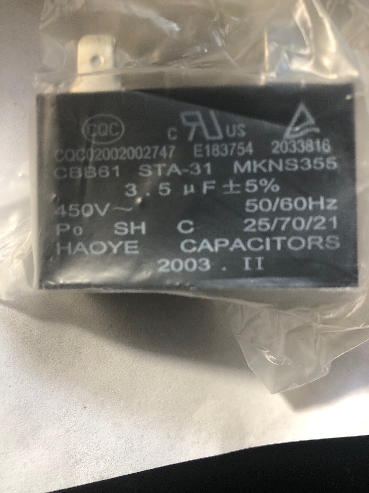 Lot of 5 HAOYE Capacitor 450V, 50/60Hz CBB61, 9110504134T A1R25 | eBay