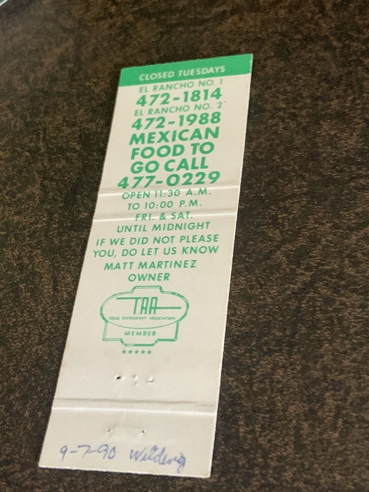 Vintage Texas Matchbook: “El Rancho Restaurants” Austin, TX | eBay