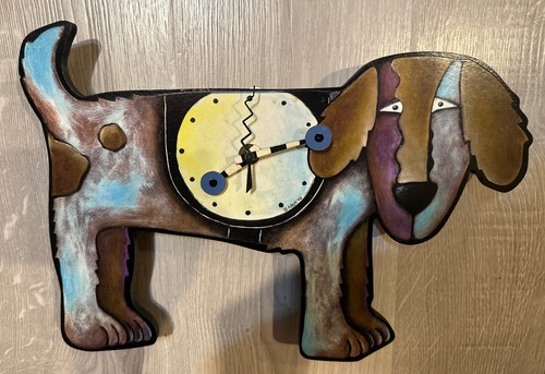 ALLEN DESIGN STUDIO ~ WOODEN DOG CLOCK ~ SIGNED RARE WOOD DESIGN No ...