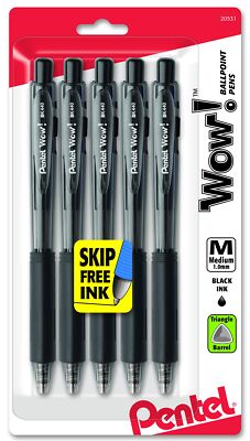 Pentel WOW! Retractable Ballpoint Pens, Medium Line, Black Ink, 5 Pack ...