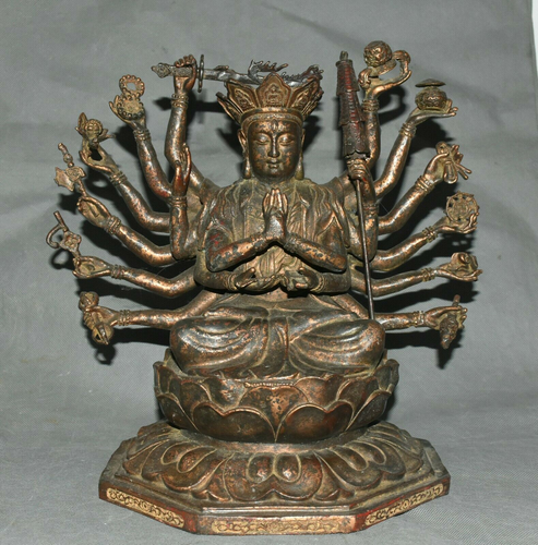 12" Old Tibet Red Copper Buddhism 1000 Arms Avalokiteshvara of Goddess ...