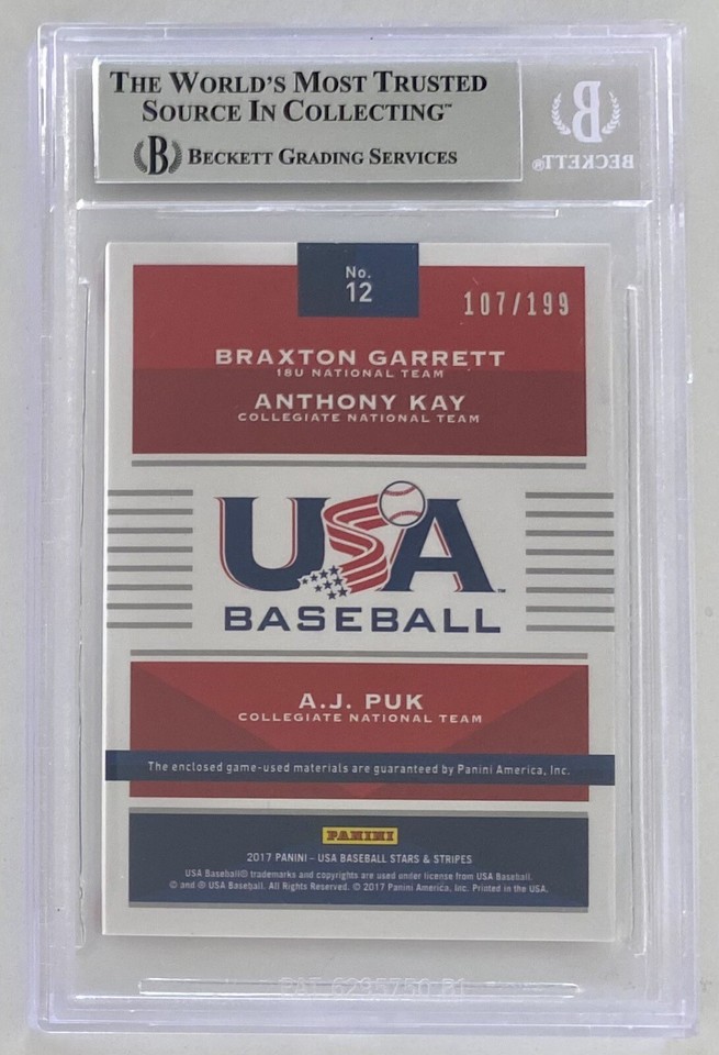 BRAXTON GARRETT KAY PUK SIGNED 2017 PANINI USA MATERIALS #12 BECKETT ...