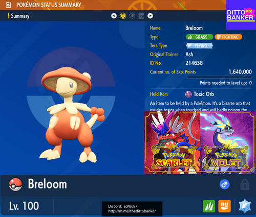 Pokemon Scarlet/Violet SHINY BRELOOM Lv.100 Sassy 6IV Psychic Seed ...