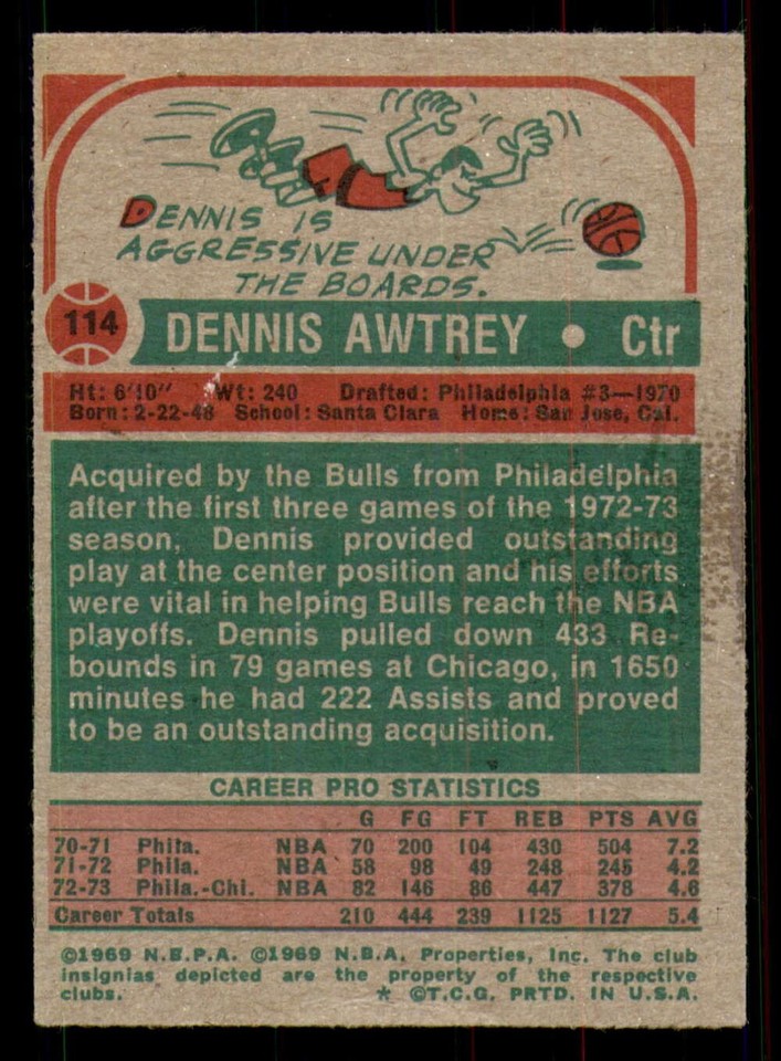 1973-74 Topps #114 Dennis Awtrey Very Good Bulls | eBay