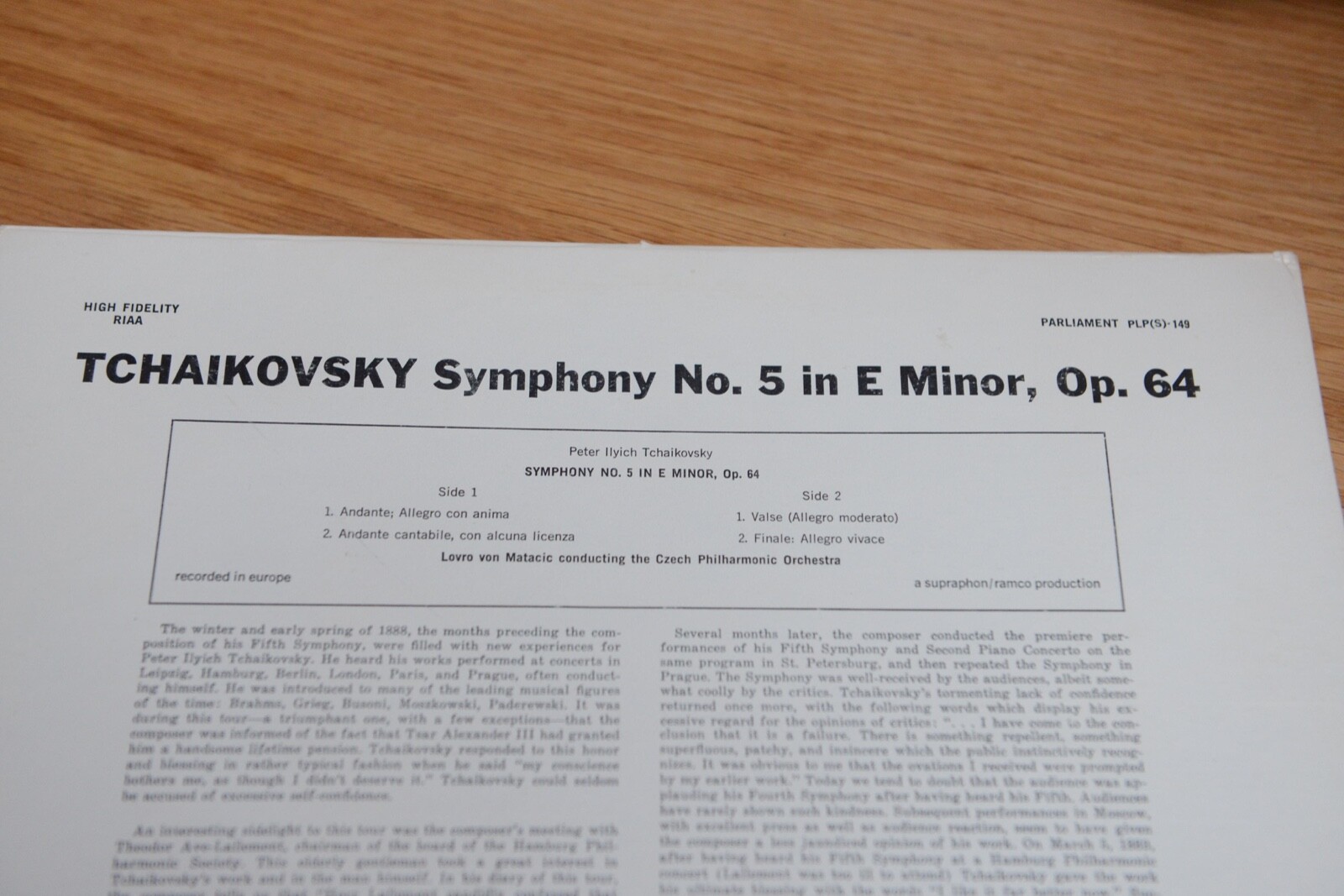 Tchaikovsky Lovro Von Matacic Czech Philh. Symphony Number 5 LP ...