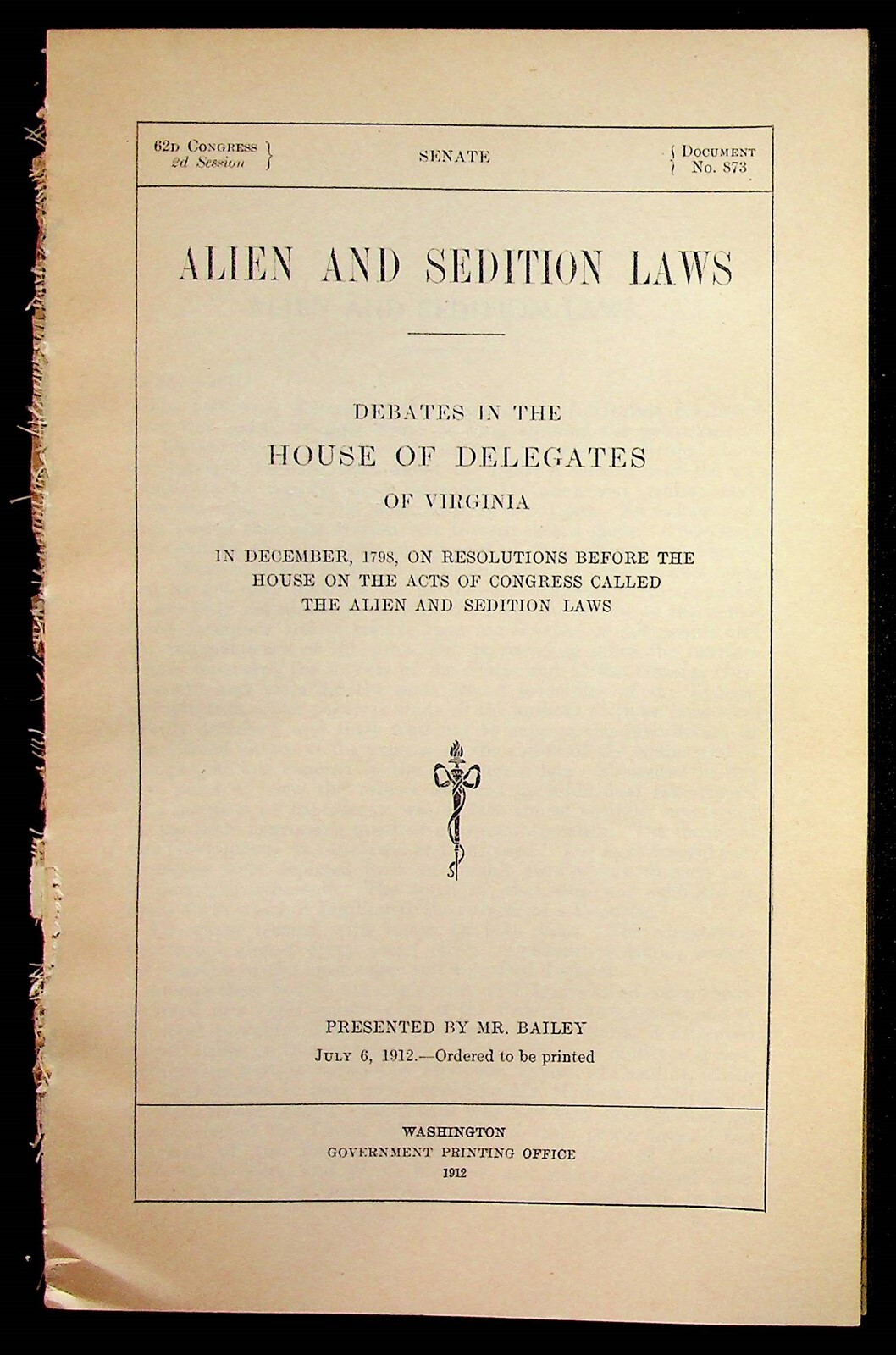 Alien & Sedition Laws House Of Delegates Virginia Senate Document 1912 ...