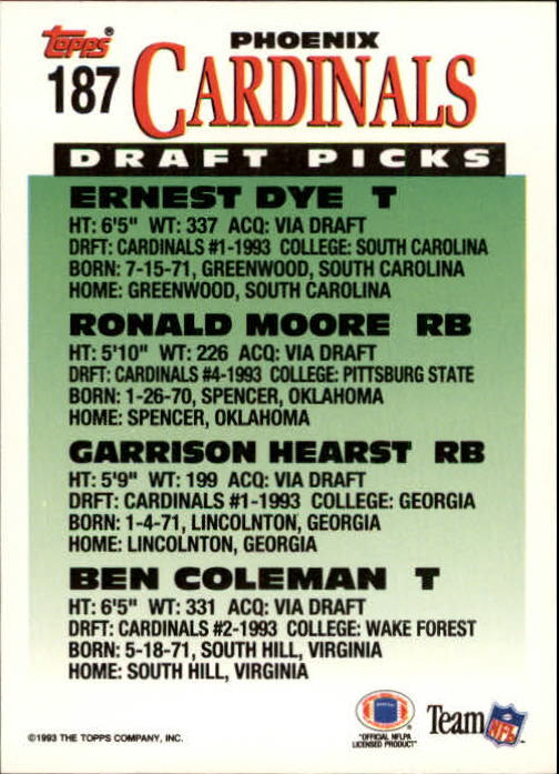 1993 Topps Gold Phoenix Cardinals Football Card #187 Ronald Moore/Dye ...