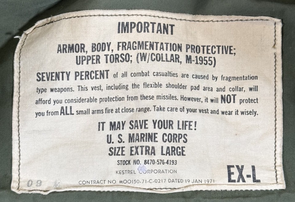 Vietnam War 1971 USMC M1955 Flak Jacket Fragmentation Vest X-Large XL ...