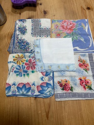 Lot of 5 Vintage Hankies in Blue with Printed Florals and appliqué | eBay