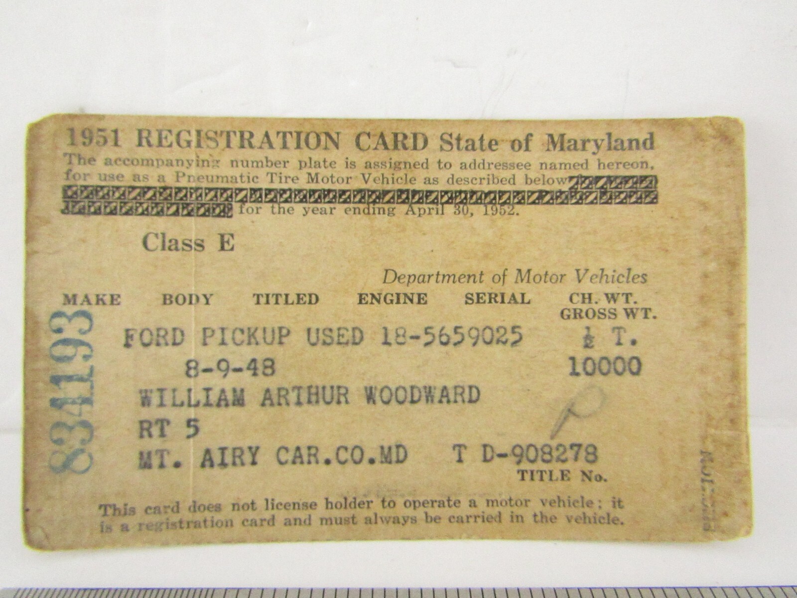 1951 Maryland Car Registration Stub Card Vintage | eBay