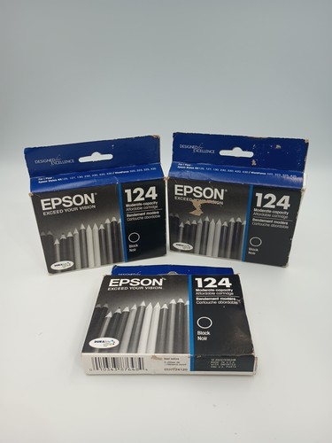 3 Genuine Epson 124 Black Standard Yield Ink Cartridge (Exp 12/2022 ...