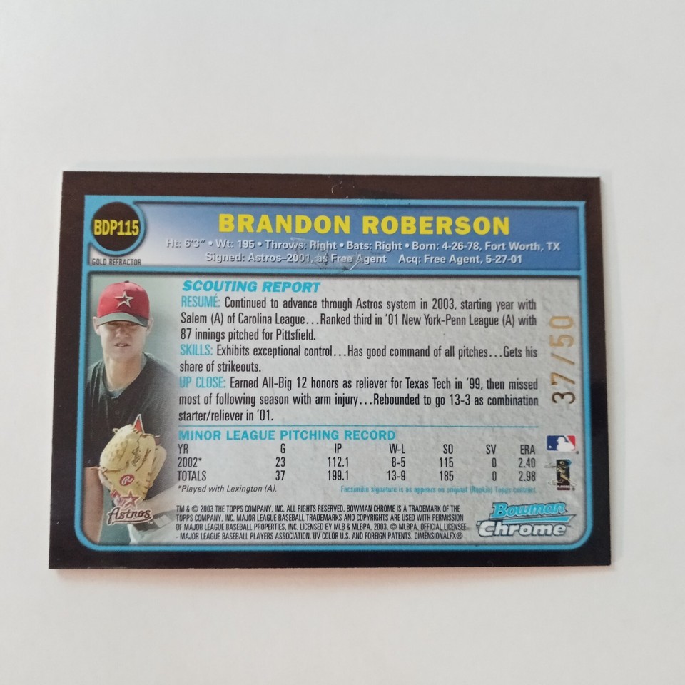 2003 Bowman Draft Chrome Brandon Roberson Gold Refractor #'d /50 # ...